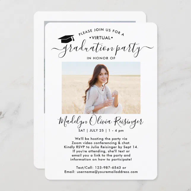 2 Photo Virtual Graduation Party Modern Script Invitation | Zazzle