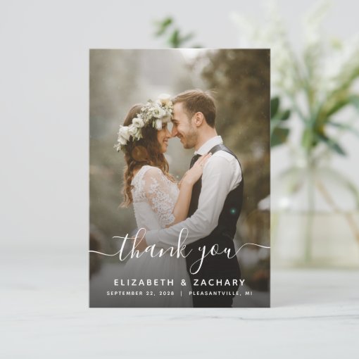 2-Photo Wedding White Script Thank You Card | Zazzle