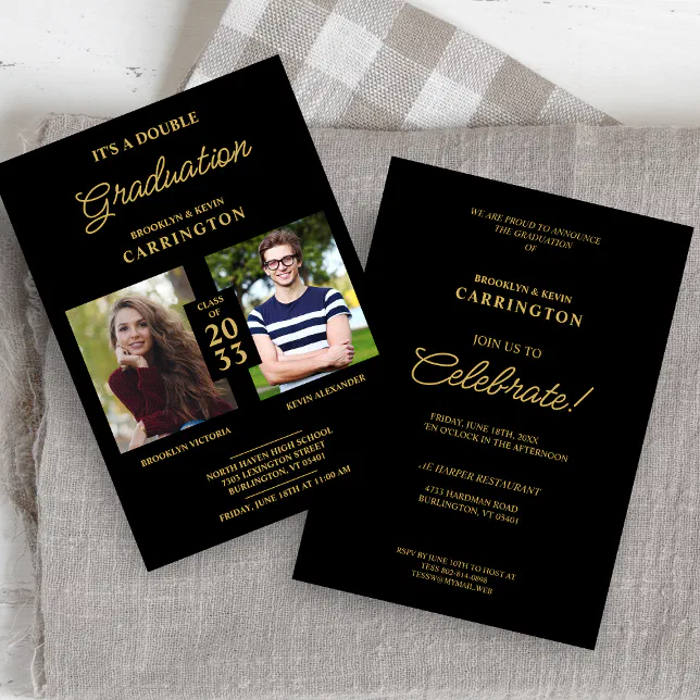 2 Photos Double Twins Graduation Fake Golden Black Invitation | Zazzle