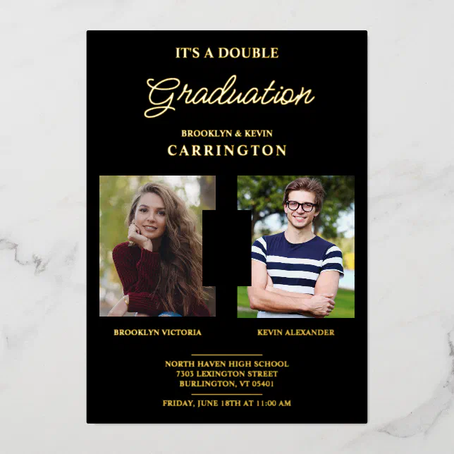 2 Photos Double Twins Graduation Real Golden Black Foil Invitation | Zazzle