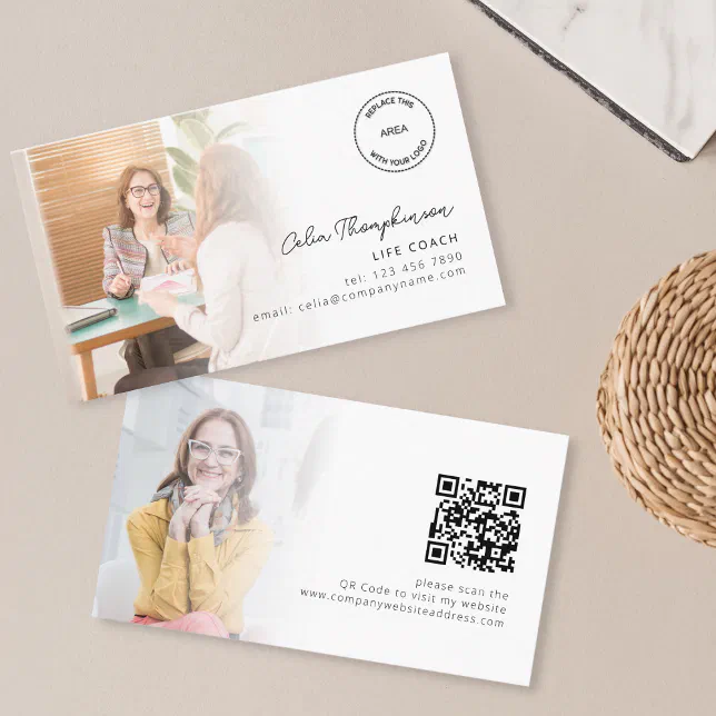2 Photos Logo QR Code Life Coach Business Card | Zazzle