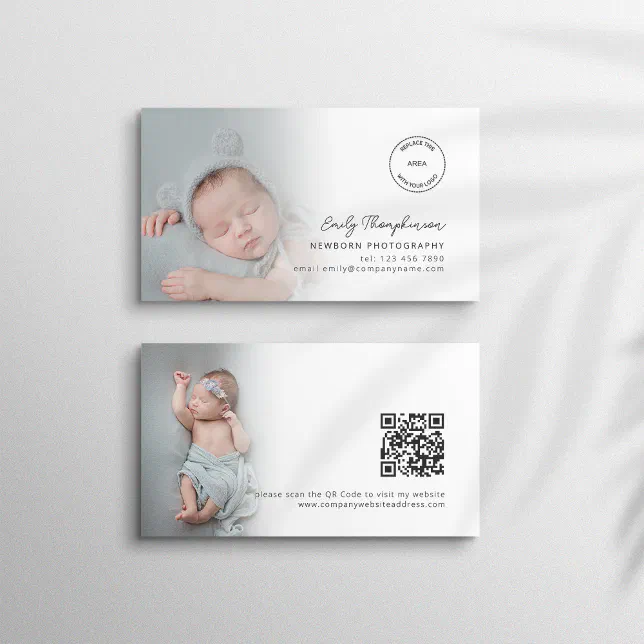 2 Photos Logo QR Code Newborn Baby Photographer Business Card | Zazzle