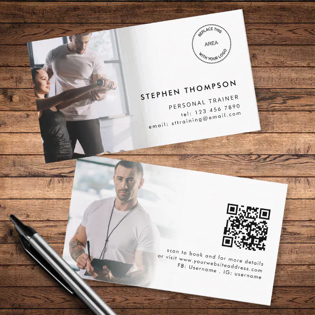 2 Photos Logo QR Code Personal Trainer Business Card | Zazzle