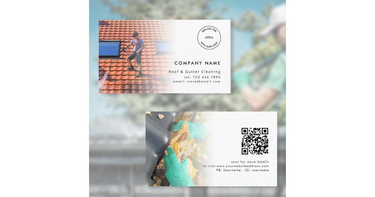 2 Photos Logo QR Code Roof and Gutter Cleaning Business Card | Zazzle