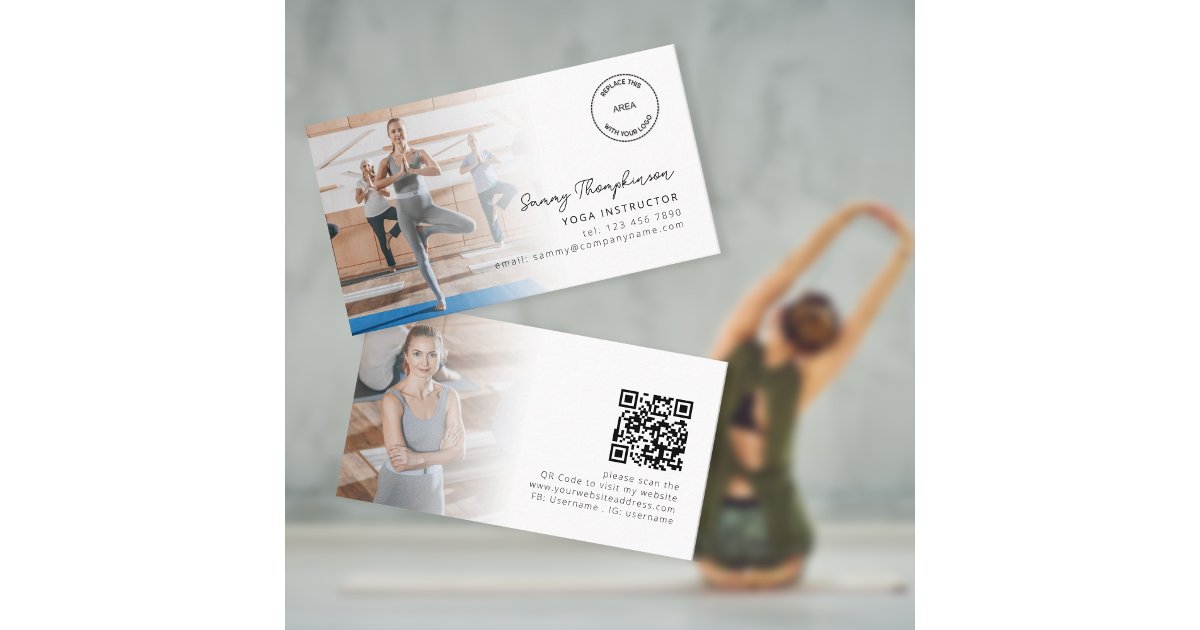 2 Photos Logo QR Code Yoga Instructor Business Card | Zazzle