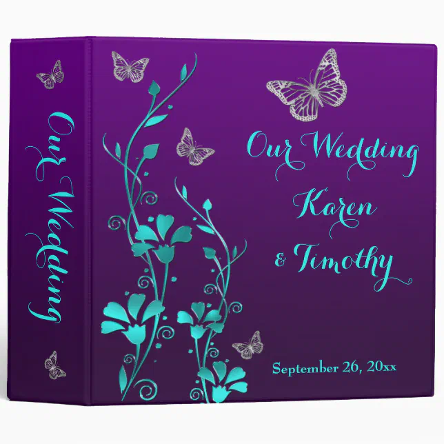 2" Purple, Teal Floral, Butterfly Wedding Binder | Zazzle