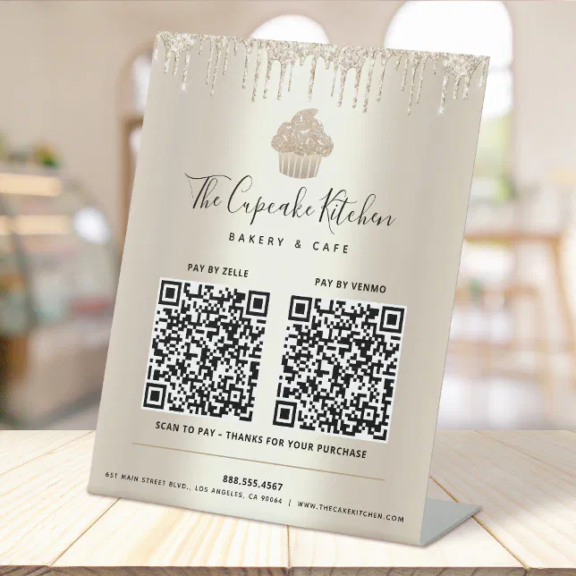 2 QR Code Pay Here Gold Cupcake Glitter Bakery Pedestal Sign | Zazzle