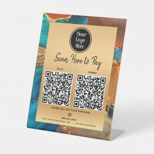 2 QR Code Pay Here Logo Gold Turquoise Blue Marble Pedestal Sign | Zazzle