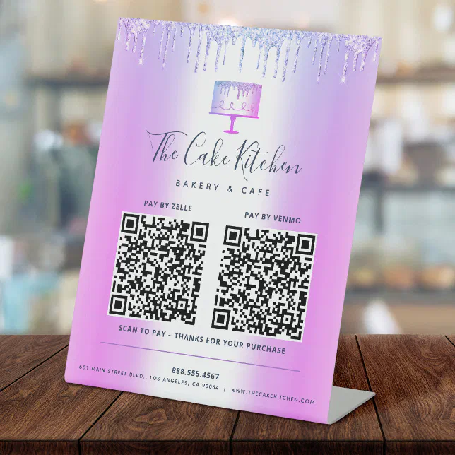 2 QR Code Pay Here Purple Cake Bakery Glitter Drip Pedestal Sign | Zazzle