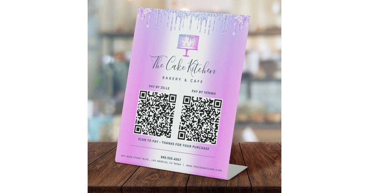 2 QR Code Pay Here Purple Cake Bakery Glitter Drip Pedestal Sign | Zazzle