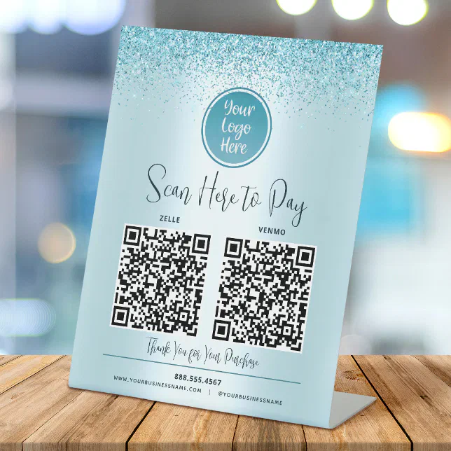 2 QR Code Turquoise Glitter Custom Logo Pay Here Pedestal Sign | Zazzle