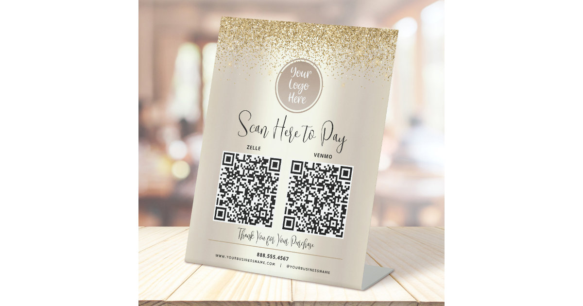 2 QR Codes Custom Logo Gold Glitter Scan Pay Here Pedestal Sign | Zazzle