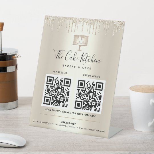 2 QR Codes Pay Here Gold Cake Bakery Glitter Drips Pedestal Sign ...
