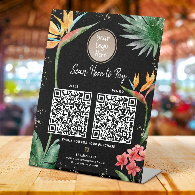 2 QR Codes Pay Here Logo Tropical Palm Black Gold Pedestal Sign | Zazzle