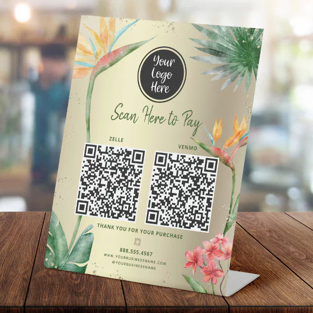 2 QR Codes Pay Here Logo Tropical Palm Gold Foil Pedestal Sign | Zazzle