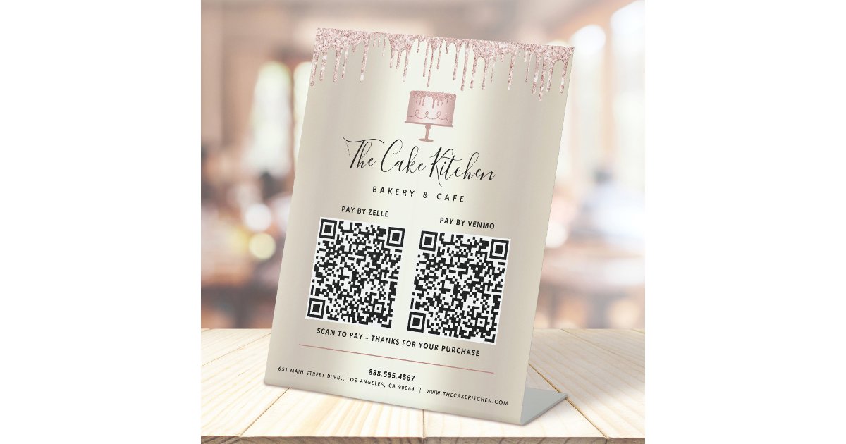 2 QR Codes Pay Here Pink Cake Bakery Glitter Gold Pedestal Sign | Zazzle