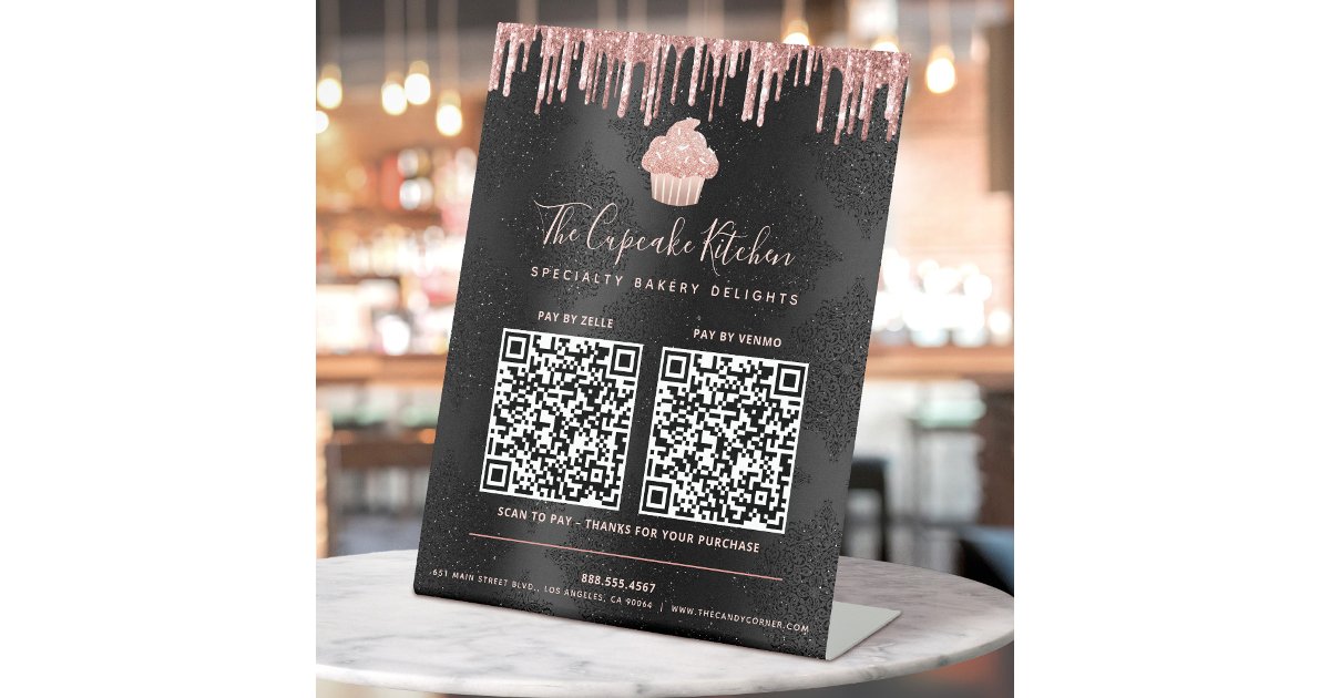 2 QR Codes Pay Here Pink Cupcake Glitter Black Pedestal Sign | Zazzle