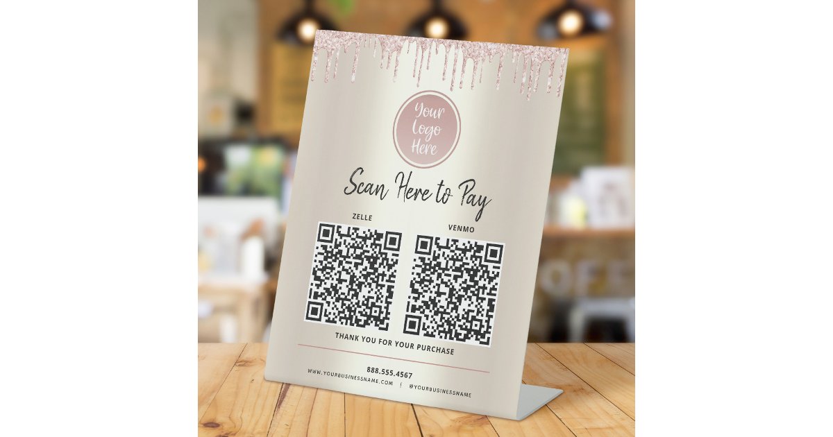 2 QR Codes Pay Here Pink Glitter Gold Custom Logo Pedestal Sign | Zazzle