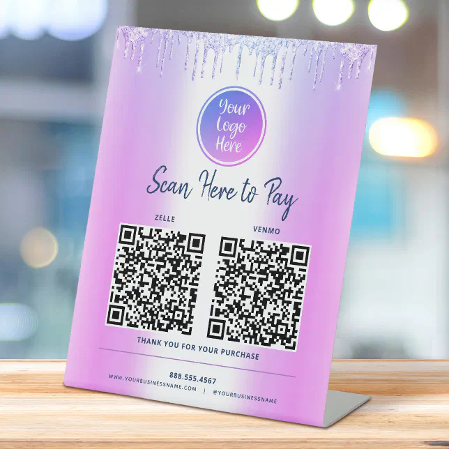 2 QR Codes Pay Here Purple Glitter Custom Logo Pedestal Sign | Zazzle