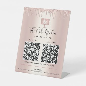 2 QR Codes Pay Here Rose Gold Cake Bakery Glitter Pedestal Sign | Zazzle