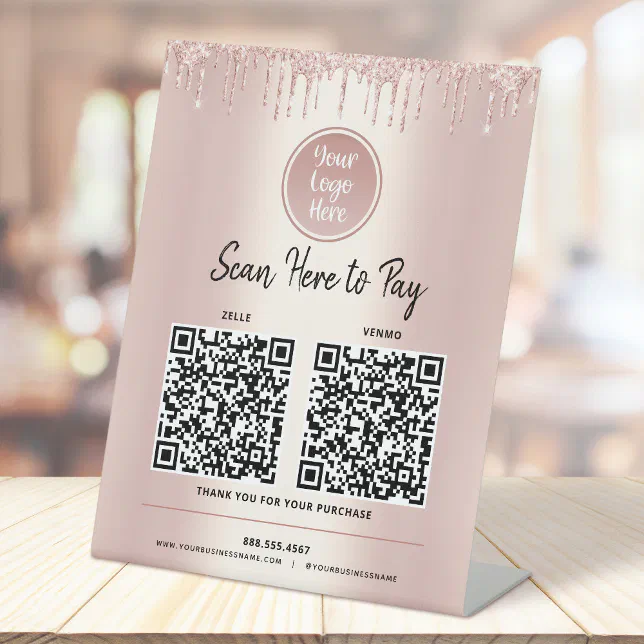 2 QR Codes Pay Here Rose Gold Glitter Custom Logo Pedestal Sign | Zazzle