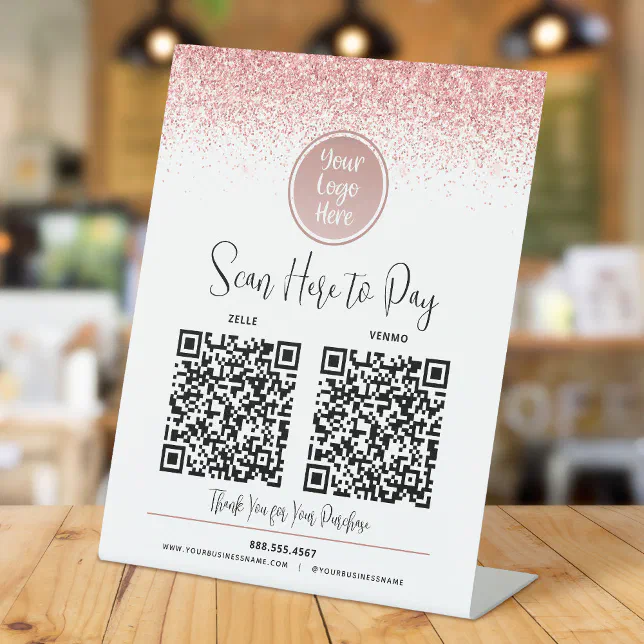 2 QR Codes Pink Glitter Custom Logo Pay Here White Pedestal Sign | Zazzle