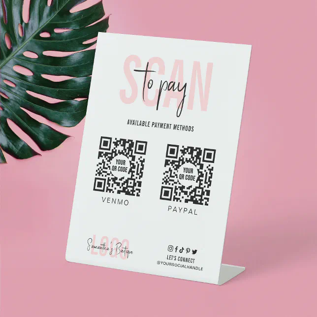 2 QR Codes Scan to Pay Feminine Pink Payment Pedestal Sign | Zazzle