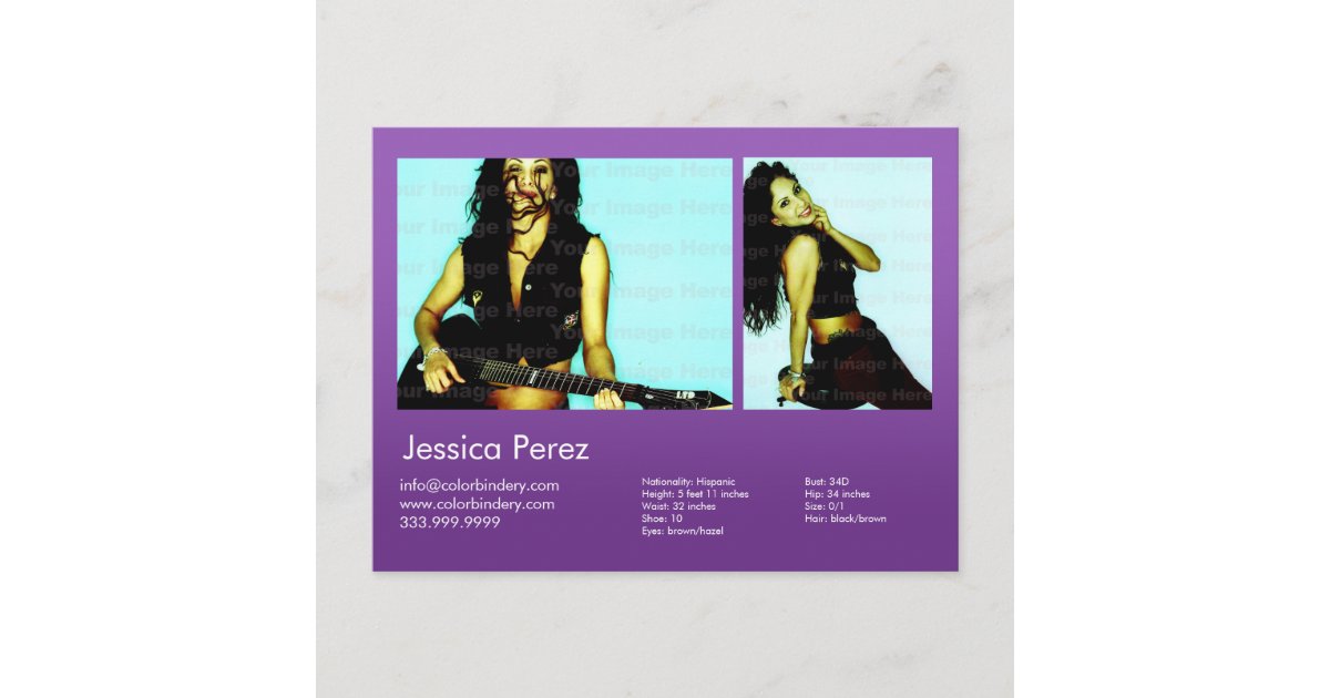 2-Sided Actor & Model 2 Shot Violet Headshot Comp Postcard | Zazzle