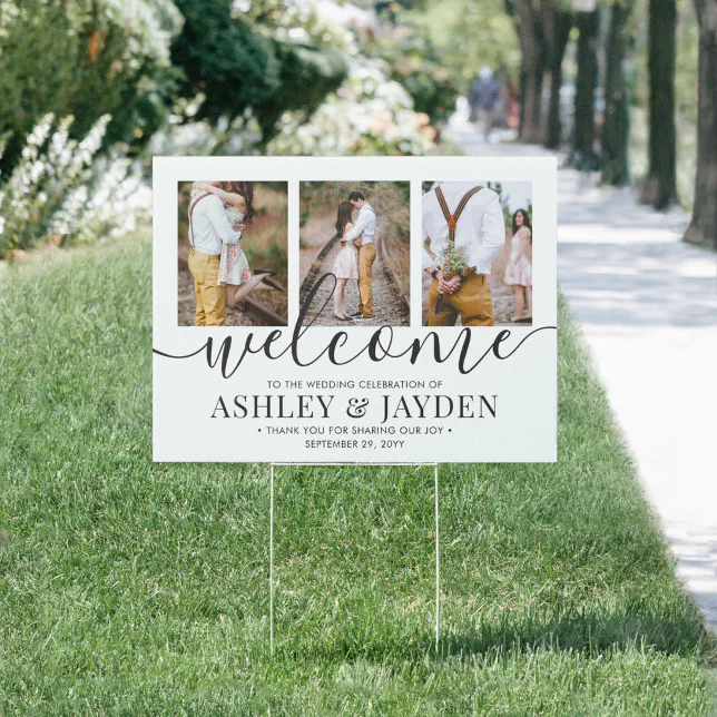2 Sided Wedding Welcome 6 Photo Black Script Yard Sign | Zazzle
