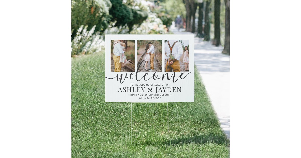 2 Sided Wedding Welcome 6 Photo Black Script Yard Sign | Zazzle