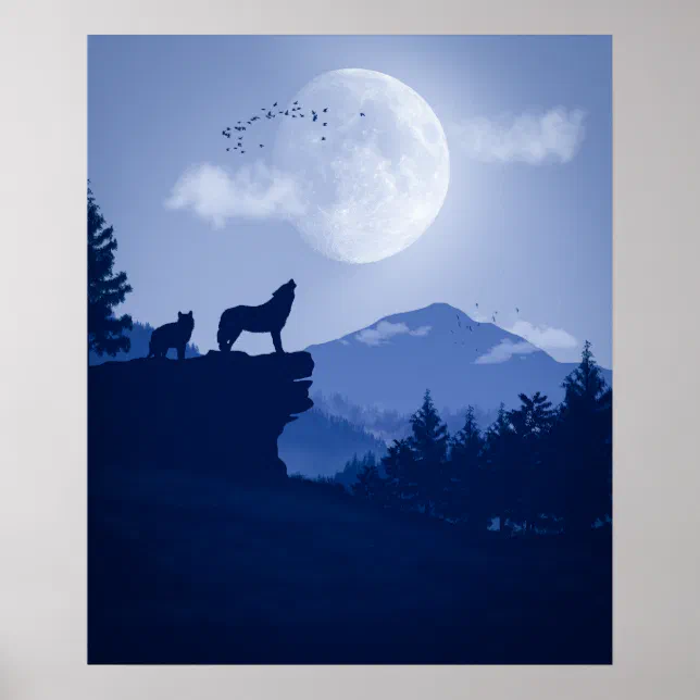2D Howling wolf landscape Poster | Zazzle