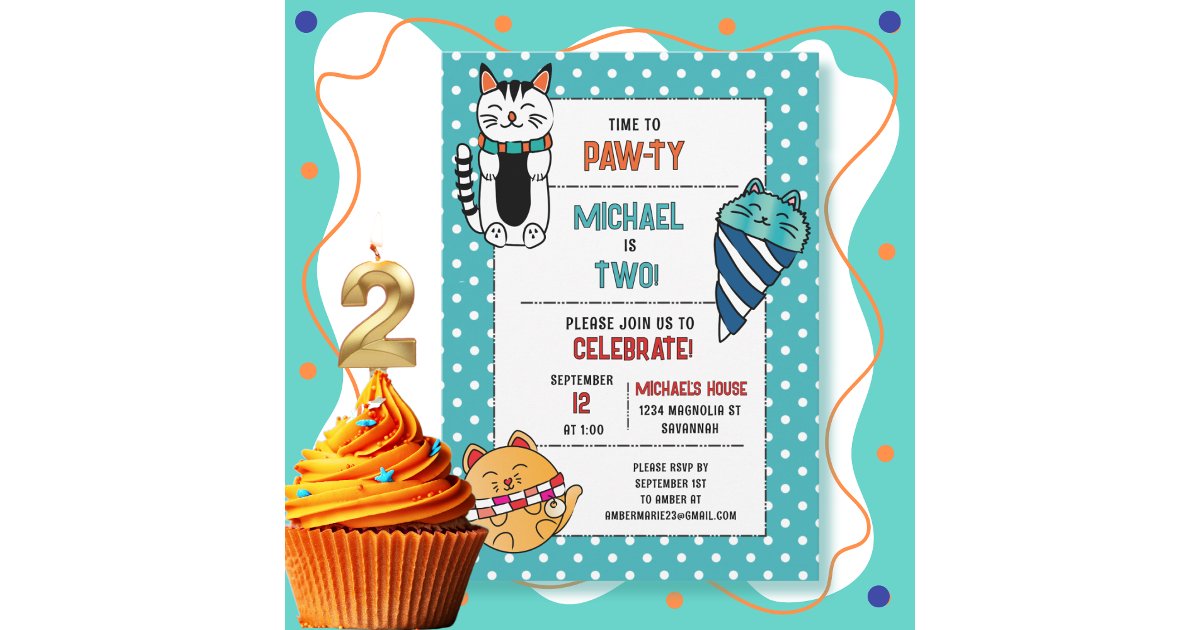 2nd Birthday Cat Cartoon Cute Kitten Kids Party Invitation | Zazzle