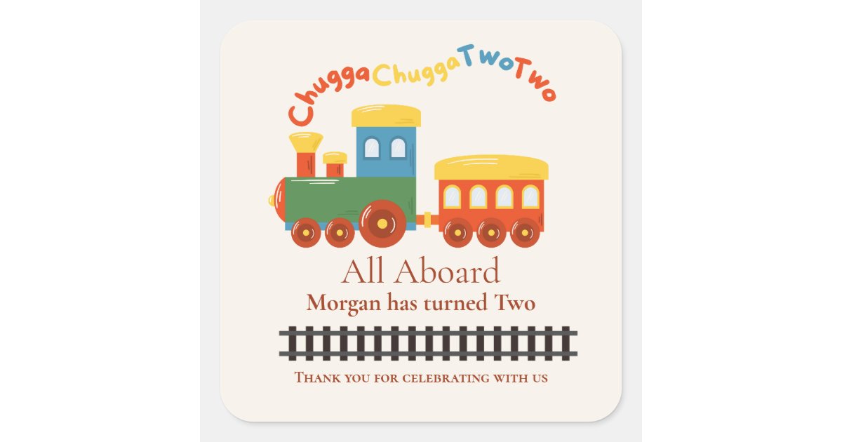 2nd Birthday Colorful Train Chugga Choo Two Square Sticker | Zazzle