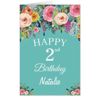 2nd Birthday Floral Flower Teal Extra Large Card | Zazzle