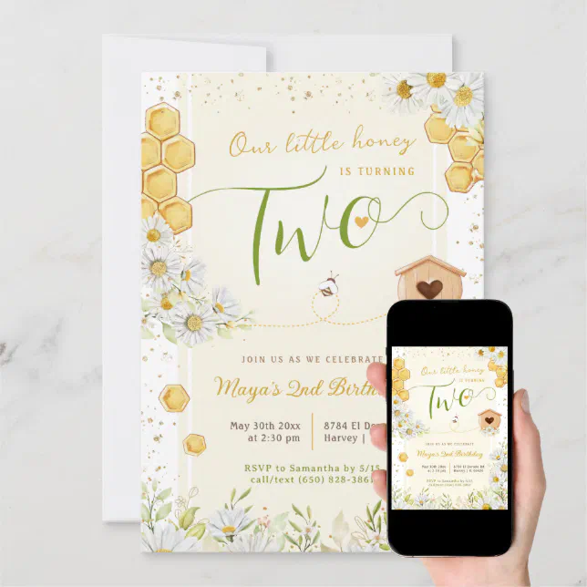2nd Birthday Little Honey Sweety Bee Girl's Second Invitation | Zazzle