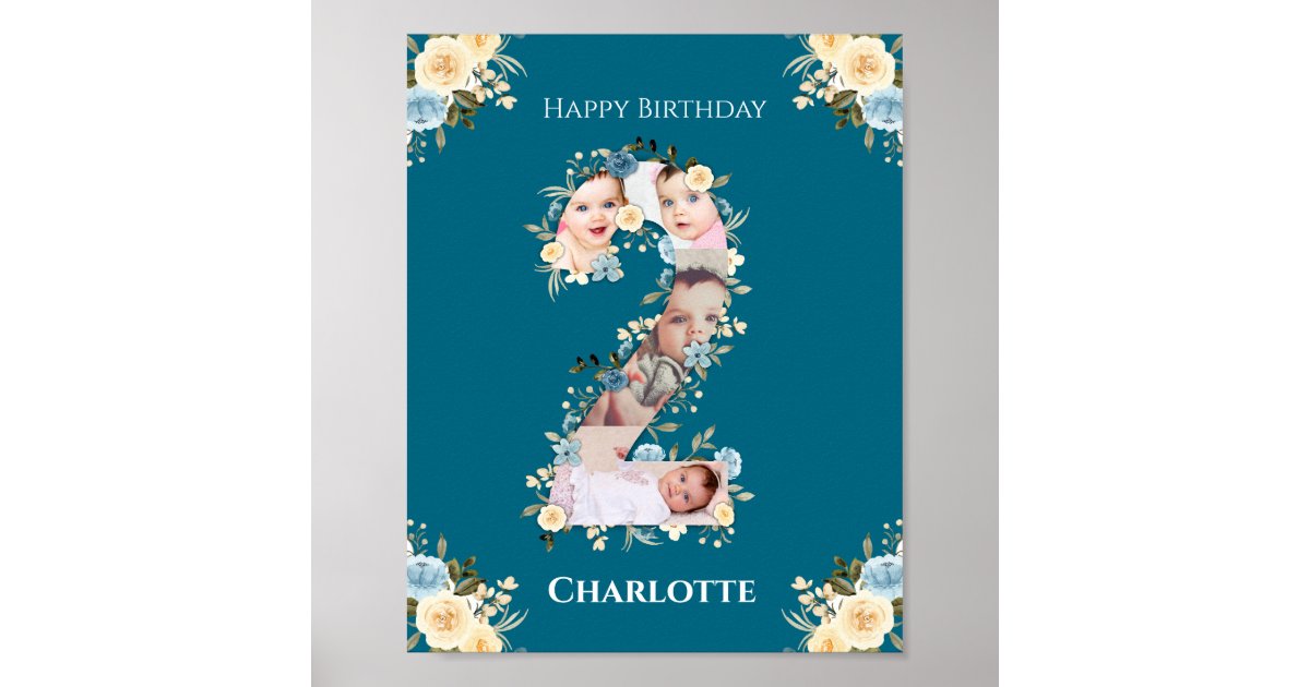 2nd Birthday Photo Teal Collage Blue Yellow Flower Poster | Zazzle