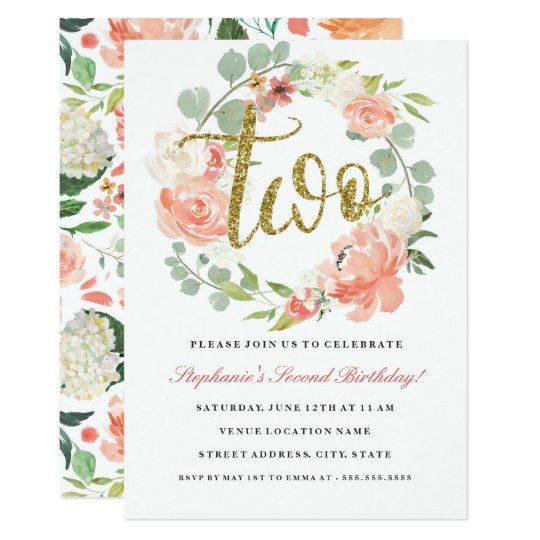 2nd Birthday Pink Gold Floral Wreath Invitation | Zazzle.com