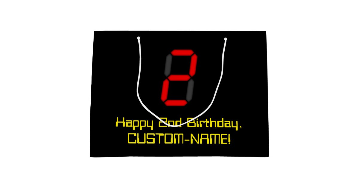 2nd Birthday: Red Digital Clock Style "2" + Name Large Gift Bag | Zazzle