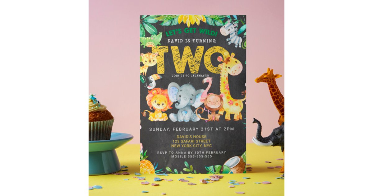 2nd Birthday Safari Jungle Chalkboard Cute Kids Invitation | Zazzle