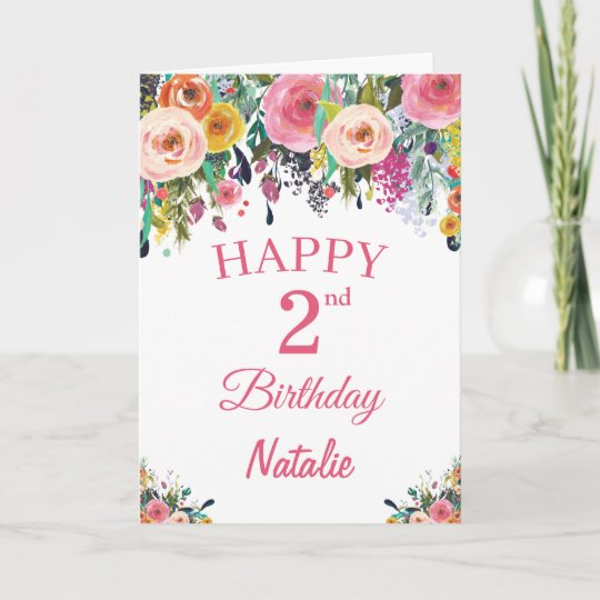 2nd Birthday Watercolor Floral Flowers Pink Card | Zazzle.com