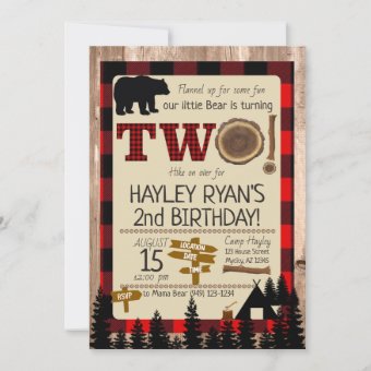 2nd Birthday Wild One Flannel Little Bear Theme Invitation | Zazzle