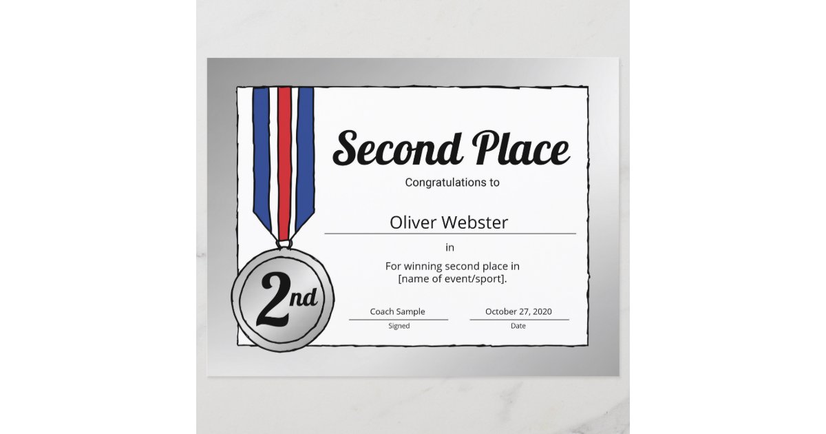 2nd Place Certificate Sports Certificate | Zazzle