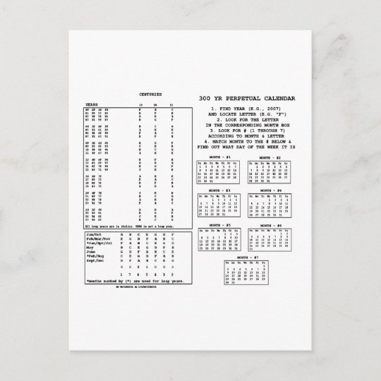 300 Year Perpetual Calendar (Day Of The Week) Postcard | Zazzle.com