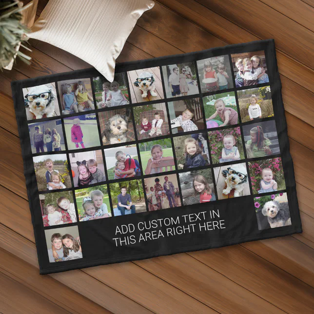 30 Photo Collage Grid - Text box - black white Fleece Blanket | Zazzle
