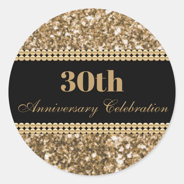 30th Anniversary Celebration Gold Glitter Pearls Classic Round Sticker ...