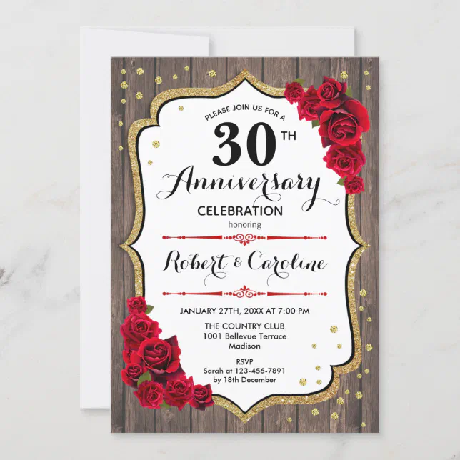 30th Anniversary Invitation - Rustic Wood Gold Red | Zazzle