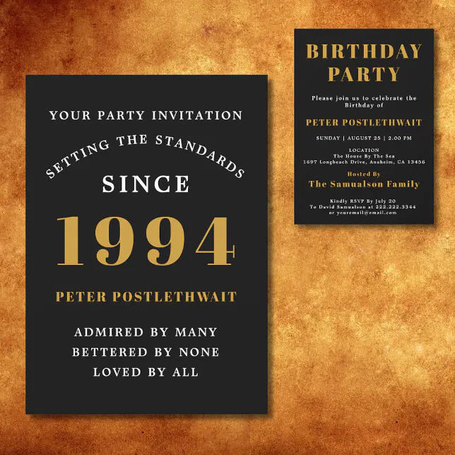 30th Birthday 1994 Black Gold Elegant Chic Invitation | Zazzle