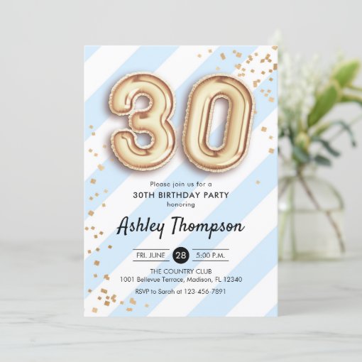 30th Birthday - Blue Stripes Gold Balloons Invitation | Zazzle