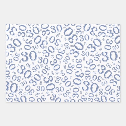 30th Birthday Blue & White Number Pattern 30 Wrapping Paper Sheets | Zazzle
