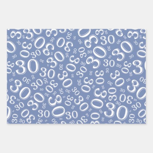 30th Birthday Blue & White Number Pattern 30 Wrapping Paper Sheets | Zazzle